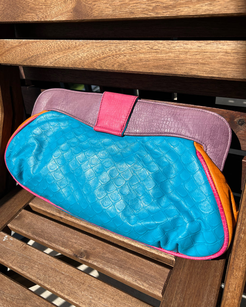 Vintage 80’s Large Colorful Colorblock Leather Clutch – Heartbreak Vintage